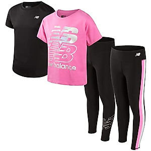 New Balance Girls' Legging Set - 4 Piece Short Sleeve T-Shirt and Leggings Set (7-16), Size 7-8, Black/Pink