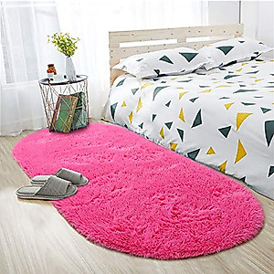 ISEAU Oval Fluffy Rug Carpets, Modern Plush Shaggy Area Rug for Kids Bedroom Extra Comfy Cute Nursery Rug Bedside Rug for Boys Girls Room Home Decor Mats, 2.6 x 5.3ft, Hot Pink