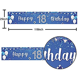 Happy 18th Birthday Banner Balloons Gift Crystal Glittery Stars Confetti Theme Decor Decorations for Men Women 18th Birthday Party Cheers to 18th Years Party Bday Supplies Silver and Blue Backdrop