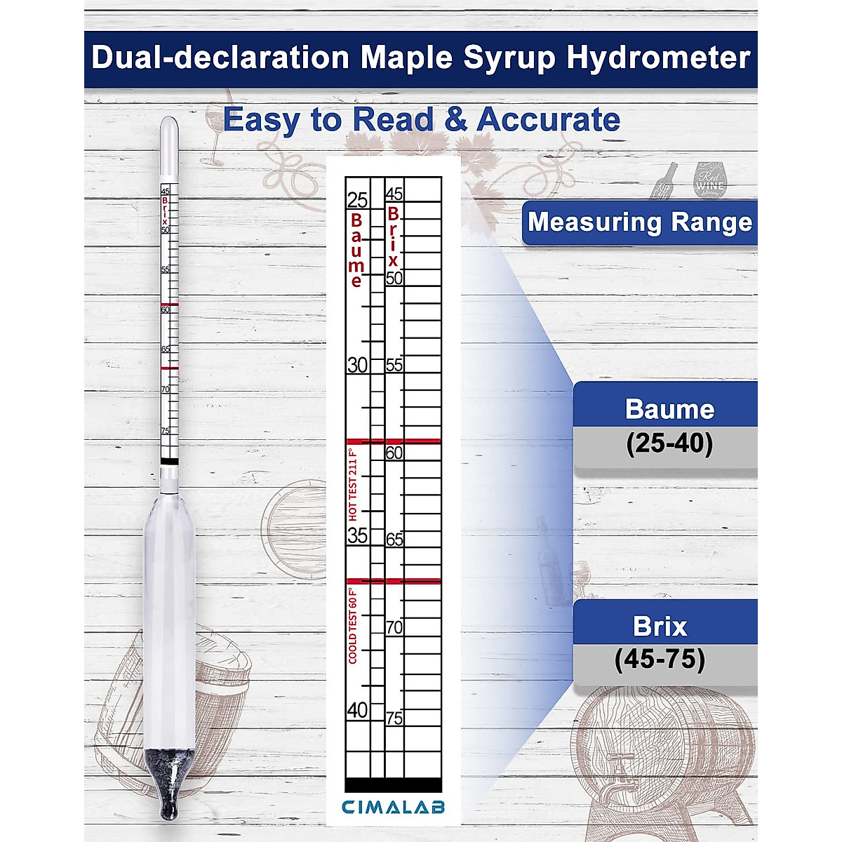 Cimalab Maple Syrup Hydrometer, Accurate Hydrometer for Maple Syrup Making, Hydrometer Maple Syrup Supplies with Brix & Baume Scales, Syrup Hydrometer for Measure Sugar Content in The Syrup Sap