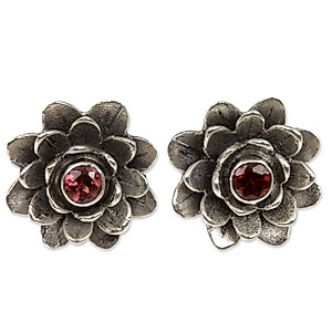 NOVICA Artisan Handmade Garnet Flower Earrings Floral Sterling Silver Red Button Indonesia Birthstone [earrings 0.5 in L x 0.5 in W Garnet 0.2 in Diam.] ' Redeyed Lotus'