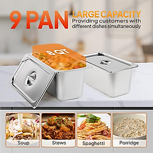 ROVSUN 72QT Steam Table, 9-Pan Electric Commercial Food Warmer Stainless Steel Bain Marie w/Acrylic Shield Overshelf Undershelf Temperature Control & Lid for Party Restaurant 8QT/Pan 1500W 110V