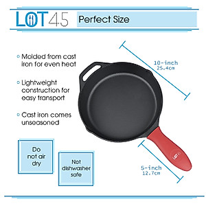 Lot45 Cast Iron Skillet with Silicone Handle Cover - 10in Cooking Round Cookware Frying Pan for Camping with Pot Holder