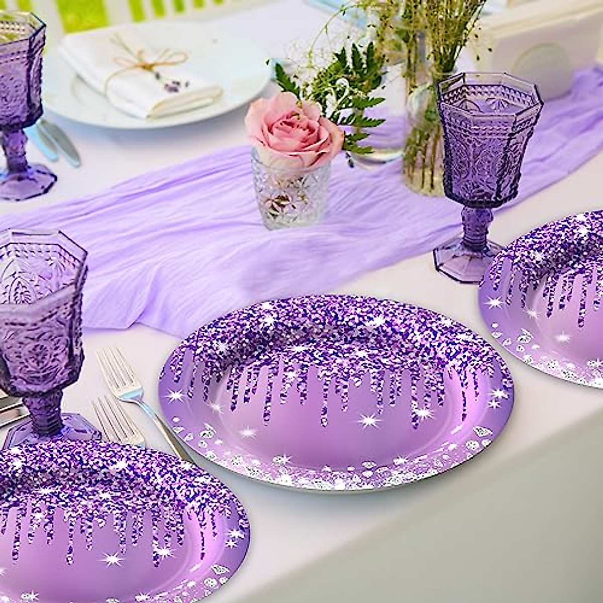 48 PCS Purple Silver Plates for Glitter Diamonds Happy Birthday Decorations Purple and Silver Birthday Theme Dessert Plates for Girls Women Purple Dinner Plate Glitter Diamonds Birthday Party Supplies