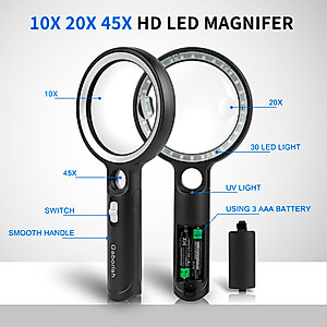 Magnifying Glass with 30 LED Lights, 10X 20X 45X Handheld Illuminated Lighted Magnifier with 1UV Light for Seniors Reading, Inspection, Coins, Jewelry, Exploring Light Magnifying Glass