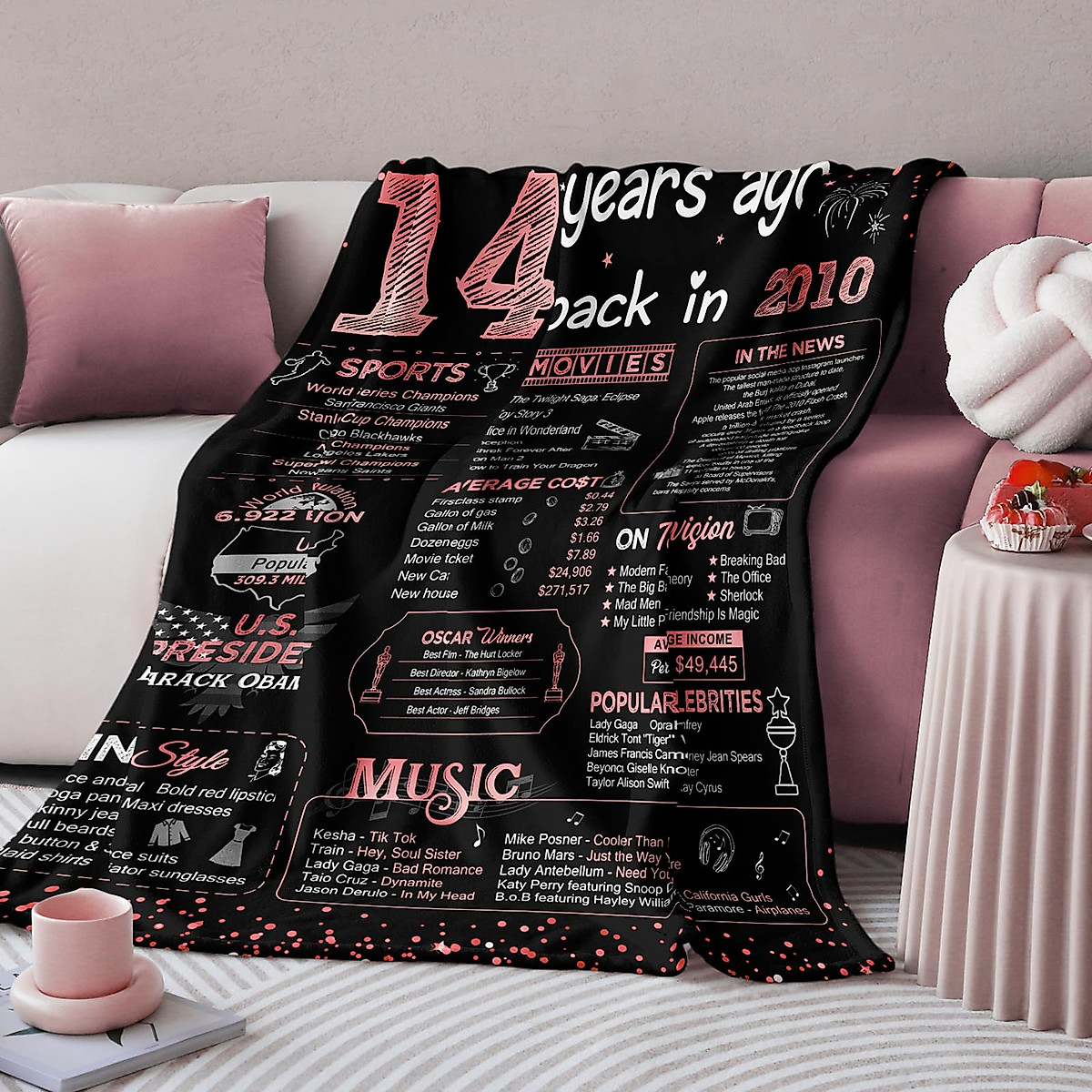 YDHCTKYG 14 Year Old Girl Gift Ideas 14th Birthday Decorations for Girls Happy Birthday Gifts for Teen Girls Daughter Sister Flannel Fleece Throw Blanket Back in 2010-60x50 Inch - Rose Gold