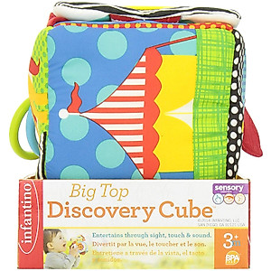 Infantino Peek & Seek Discovery Cube - Soft Development Toy, Peek-A-Boo Mirror, Clacker Rings, Crinkle & Rattle Sounds - Sensory Play, Ages 3 Months +