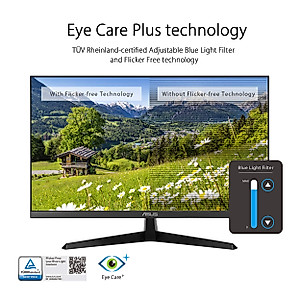ASUS VY279HE 27” Eye Care Monitor, 1080P Full HD, 75Hz, IPS, 1ms, Adaptive-Sync, Eye Care Plus, Color Augmentation, HDMI VGA, Frameless, VESA Wall Mountable
