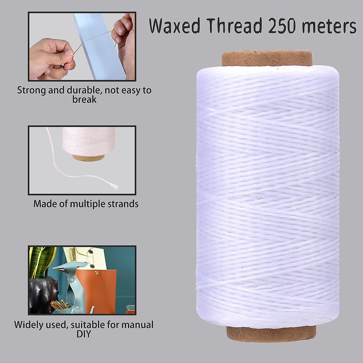 Leather Sewing Waxed Thread，Waxed Thread Cord 273 Yards，Wax String Set with 50 PCS Hand Sewing Needles，Flat Wax Thread for Book Binding,Leather DIY Project （OriginalWhite）