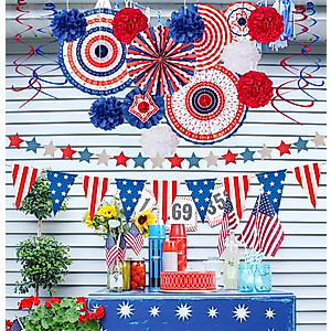 29PCS 4th/Fourth of July Patriotic Decorations Set - Red White Blue Paper Fans,USA Flag Pennant,Star Streamer,Pom Poms,Hanging Swirls Party Decor Supplies