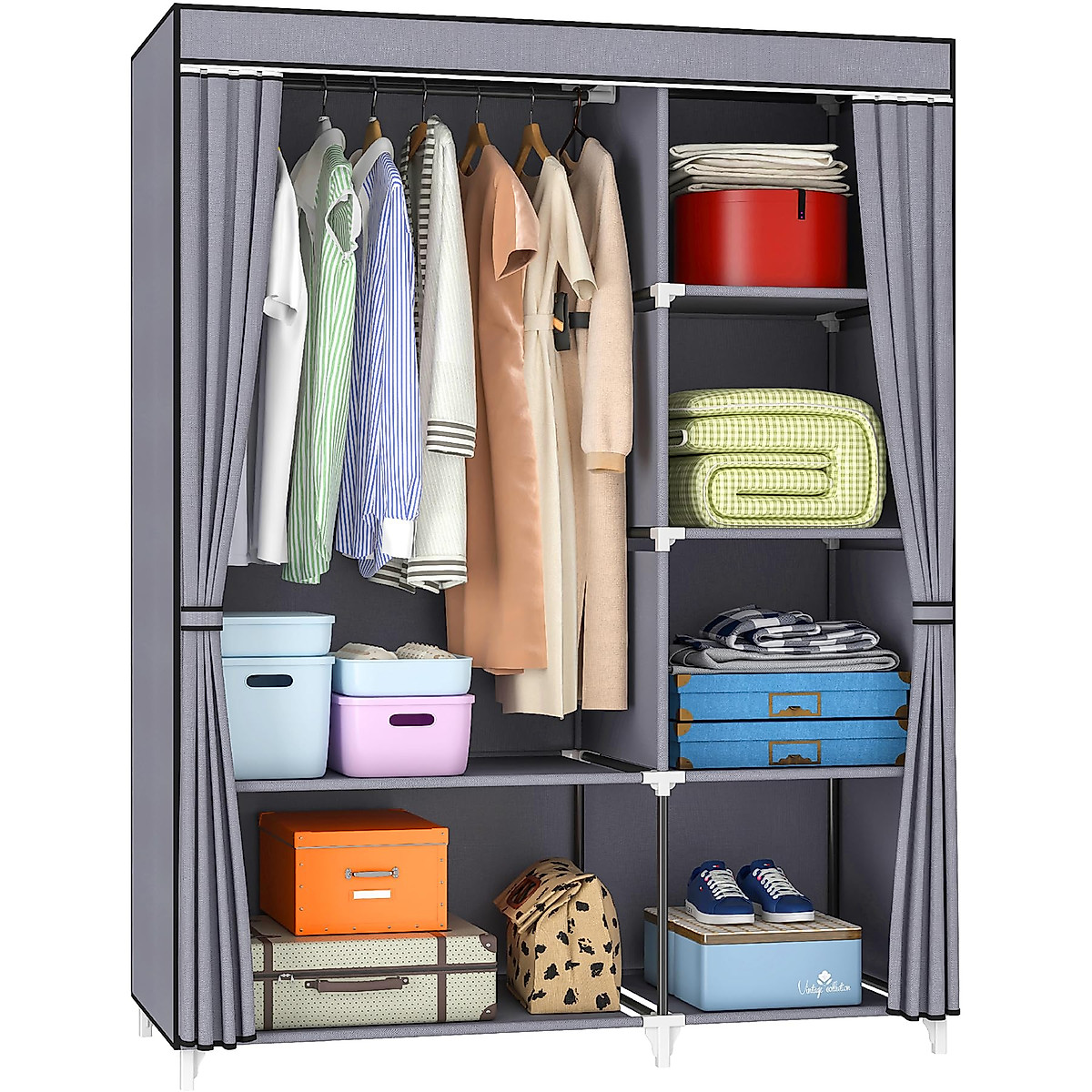 KEKIWE Portable Closet, Wardrobe Closet for Hanging Clothes with 1 Hanging Rods, 6 Storage Organizer Shelves, Easy to Assemble, Space Saving for Bedroom, 43 x 17.7 x 66 Inches, Grey