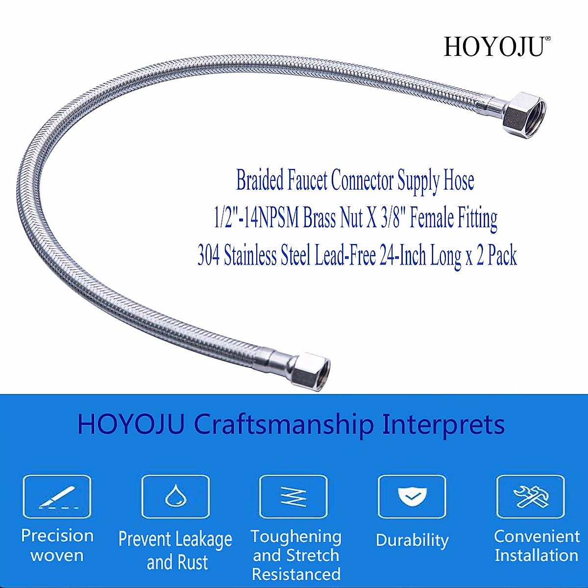 Braided Faucet Connector Supply Hose 1/2"-14NPSM Brass Nut X 3/8 Female Fitting Stainless Steel Lead-Free 24-Inch Long x 2 Pack