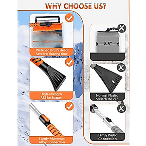 UHdod Ice Scraper and Snow Brush for Car SUV Trucks, 41” Extendable Snow Cleaning Brush for Car Windshield with Squeegee Telescoping Handle 180° Pivoting Brush Head Snow Scraper