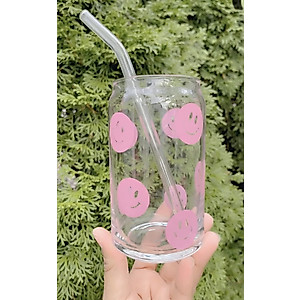 Iced Coffee Glass Cup with Bamboo Lid and Straw | 16oz Beer Can Glass | beer glass Cup | Can Shaped Glass Soda Can Cup | Pink Smiley face Glass Cup, Beer Glass Can, Glass Coffee Cup