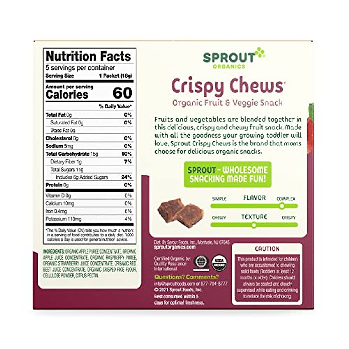 Sprout Organic Baby Food, Stage 4 Toddler Fruit Snacks, Red Fruit Beet & Berry Crispy Chews, 0.63 Oz Single Serve Packs (5 Count)