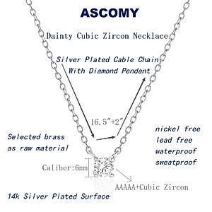ASCOMY Dainty Silver Square Cubic Zirconia Solitaire Pendant Necklaces for Women Tiny Single Sparkly CZ Simulated Diamond Necklace Simple Shinning Bride Bridesmaids Weeding Jewelry Gifts