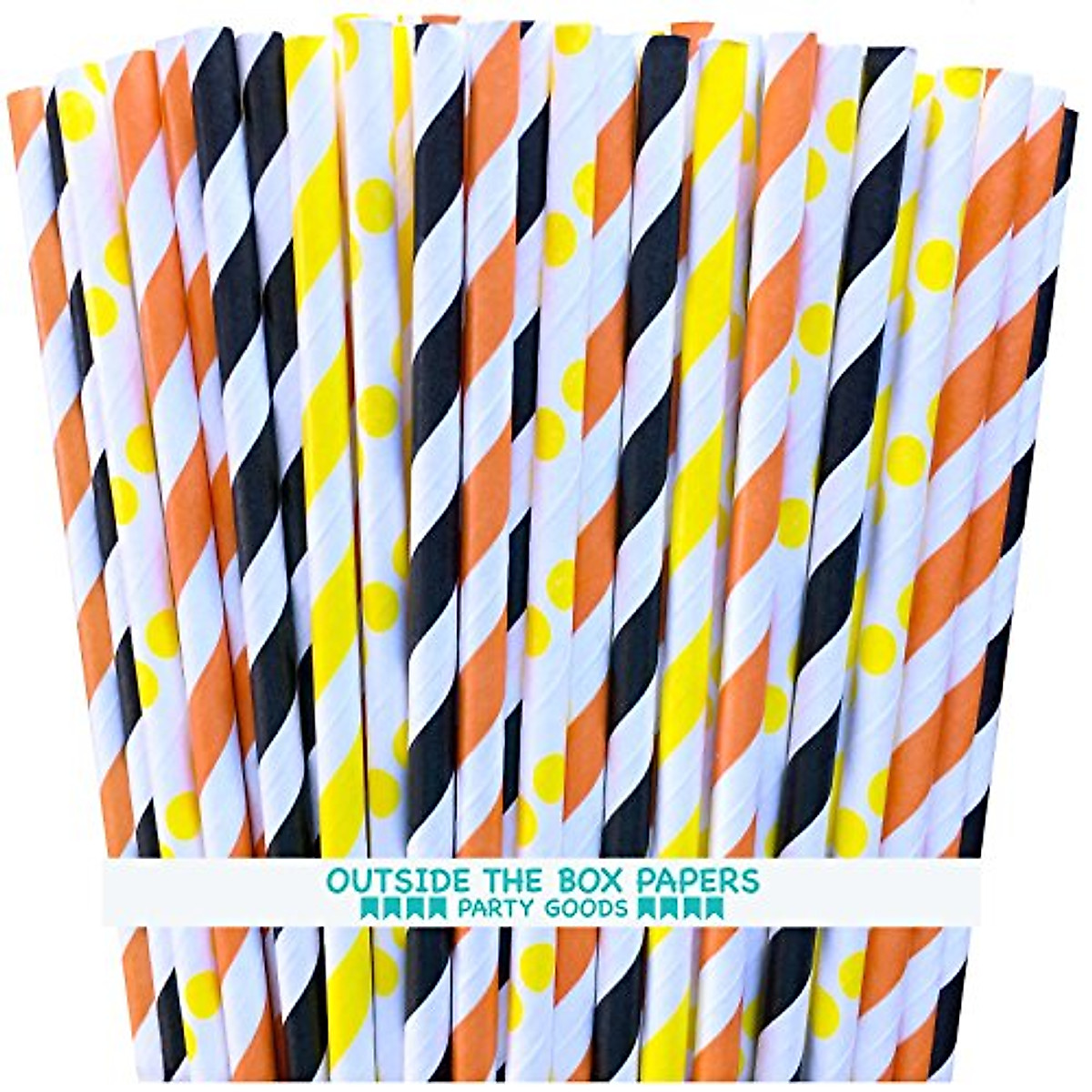 Outside the Box Papers Construction Theme Striped and Polka Dot Paper Straws 7.75 Inches 100 Pack Black, Yellow, Orange, White