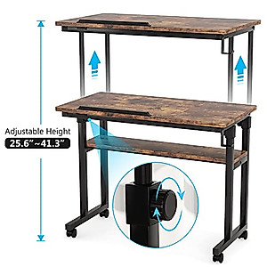 LITTLE TREE Small Portable Rolling Computer Desk Height Adjustable Standing Table, Brown