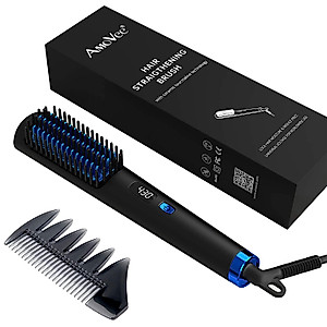 Hair Straightener Brush, AmoVee Ionic Hair Straightener Comb,15s Fast Heating up, 5 Adjustable Temp 285℉-430℉, Auto Temp Lock Straightening Brush for Home Salon, Dual Voltage, Blue