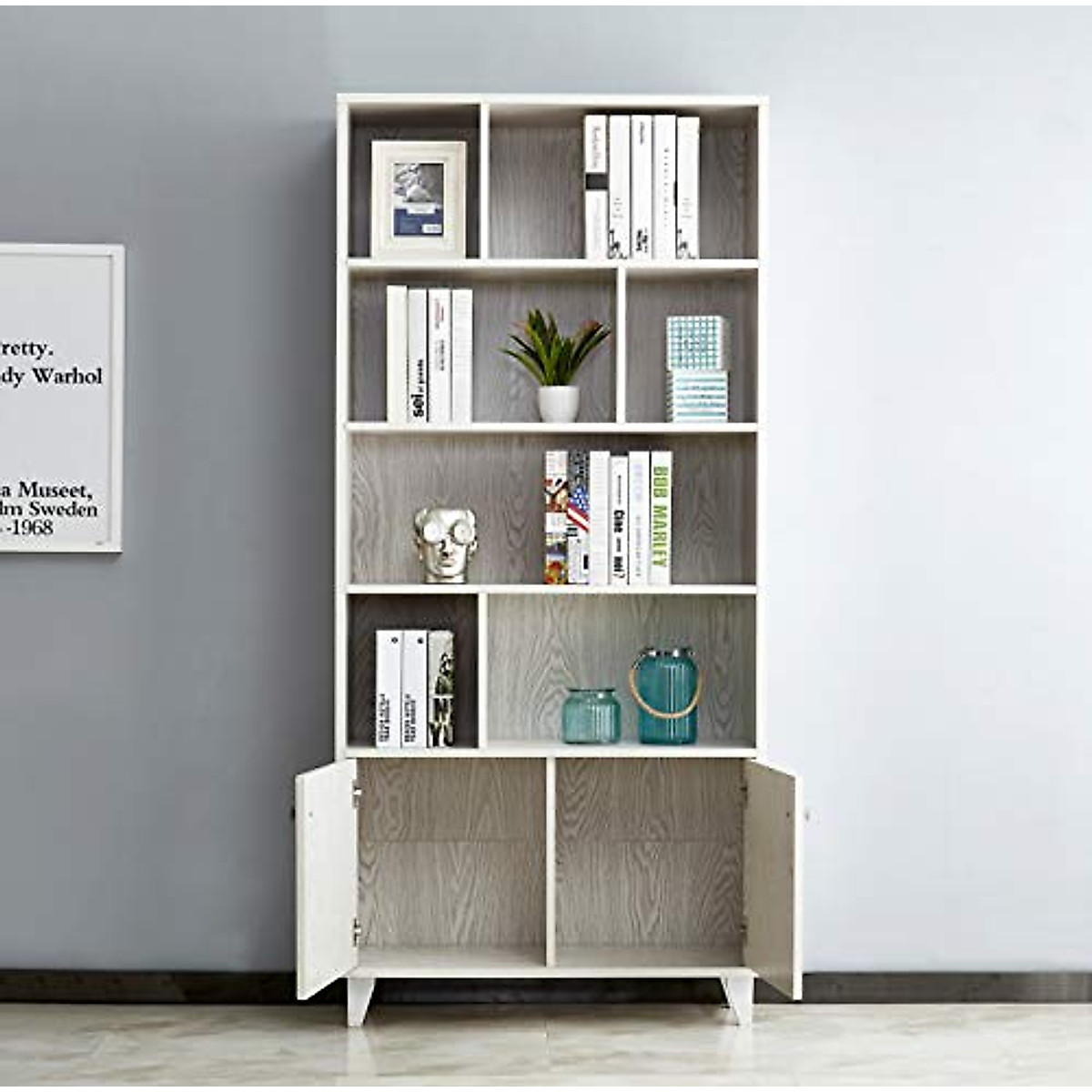 Mixcept Modern Bookcase with 2 Doors 68" Tall Storage Cabinet Wooden Bookshelf with 7 Compartments for Home Office, White Wash