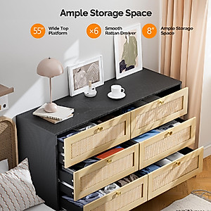 VINGLI Rattan Dresser Mid Century Modern Dresser 6 Drawers, 47.2" (W) x 15.7" (D) x 33.5" (H) Boho Bedroom Furniture Black Wicker Dresser Bohemian
