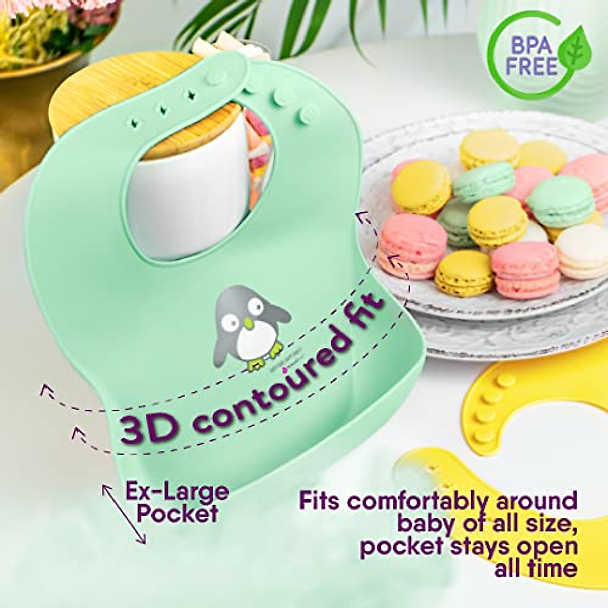 NatureBond Waterproof Baby Bibs, Silicone Weaning Bibs for Babies & Toddlers, Set of 2 w/Carry Pouch | Comfortable Soft 4 buttons Bib