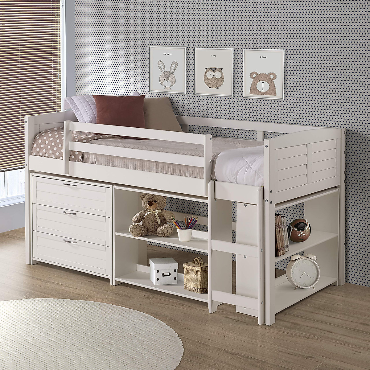 Donco Kids Louver Panel Twin Modular Low Loft Bed in White Finish - Combo Set B