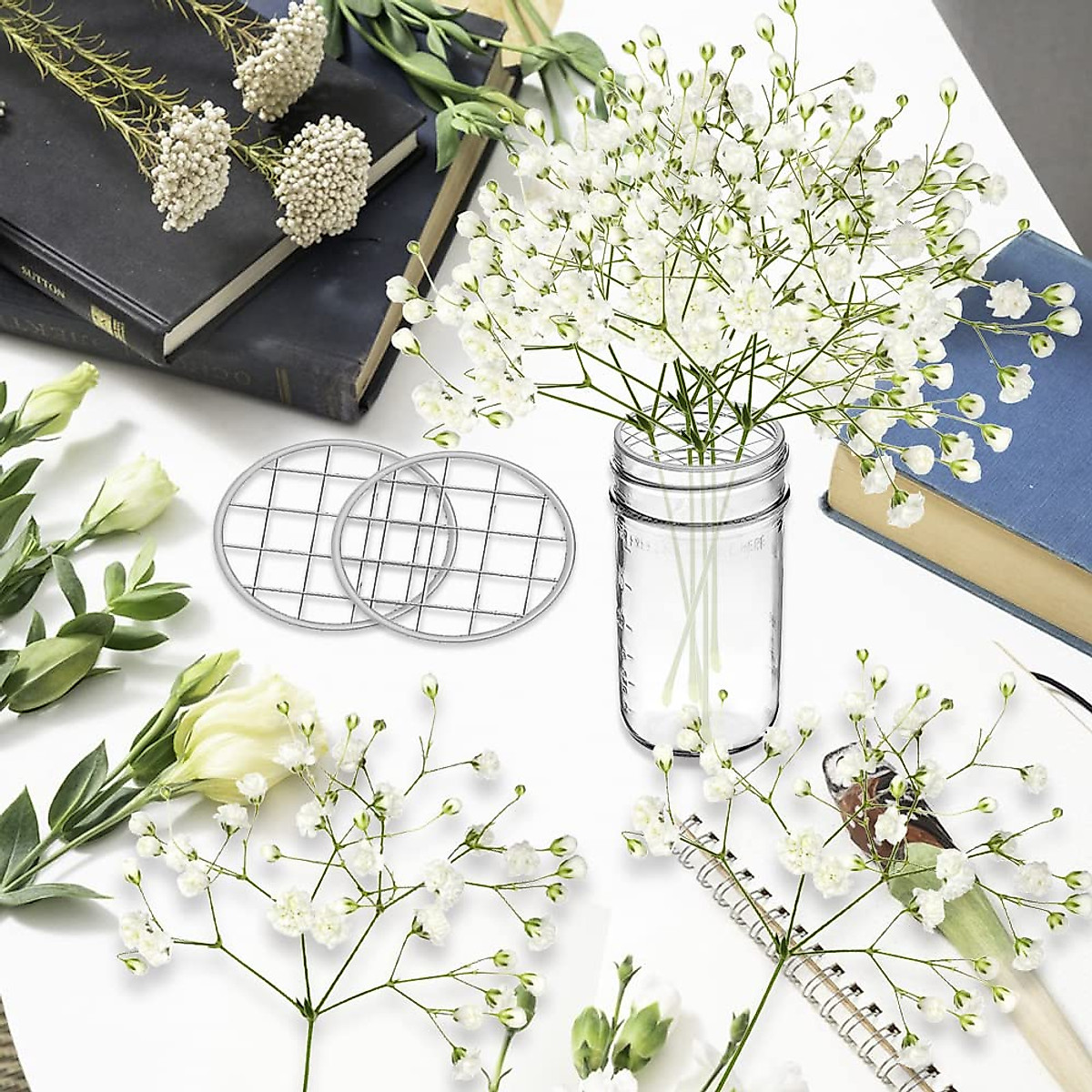 DLAND 20 Pieces Mason Jar Flower Frog Holder Lid Arrangement Flower Insert Lid Grid Organizer Lid Metal with Square Grids for Regular Standard Mouth Canning Jar.