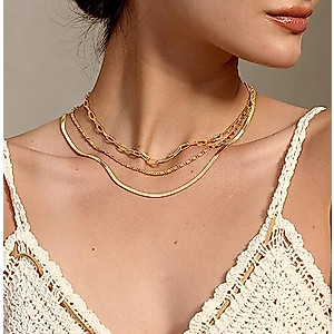 Tewiky Layered Gold Necklace for Women Trendy 14K Real Gold Plated Chain Choker Necklace Set for Women Gold Jewelry for Women Waterproof Chunky Herringbone Cuban Link Paperclip Rope Necklace Gift