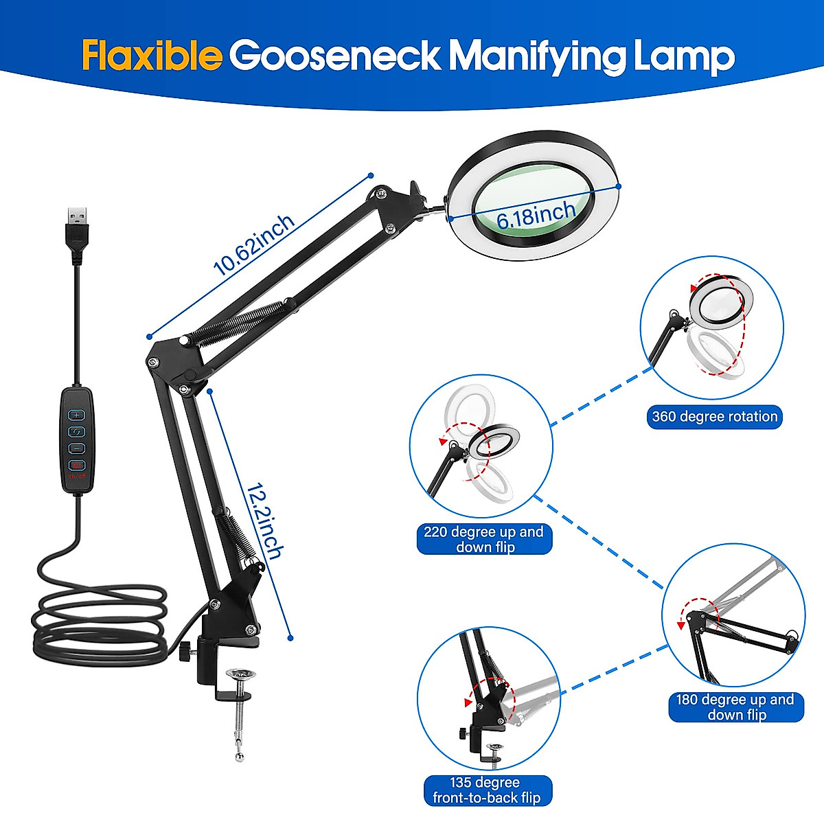 64 LED USB 10X Magnifying Desk Lamp with Clamp, Desk Hands-Free Lighted Magnifier with 3 Color Modes, 10 Level Dimmable and Flexible Gooseneck for Reading Craft Sewing Repair Close Work Beauty