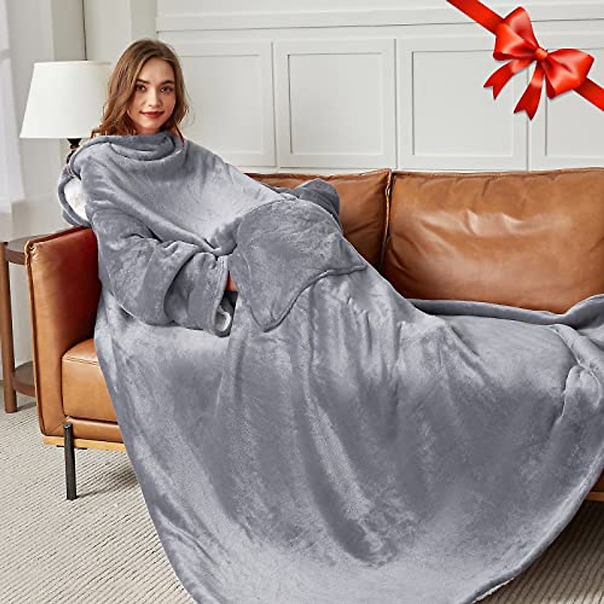 HOSUKKO Sherpa Wearable Blanket with Sleeves Pocket and Hat, Extra Long Warm Soft Fleece Cozy Functional Blankets, Gifts for Women Girlfriend Mom Wife and Daughter.(Grey)