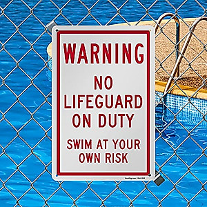 SmartSign-K-8181-PL "Warning - No Lifeguard On Duty, Swim At Your Own Risk" Sign | 10" x 15" Plastic , Red on White