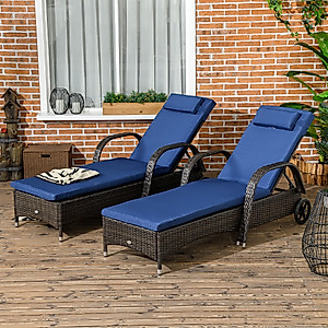 Outsunny Wicker Outdoor Chaise Lounge Set of 2, 5-Level Adjustable Backrest PE Rattan Pool Lounge Chair with Wheels, Cushion & Headrest, Brown and Dark Blue