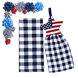 Celebrate Patriotic Kitchen Towels, Set of 2 Coordinating Cotton Terry Dishtowels, Red, White, Blue Flag Star Tie Top and Blue White Buffalo Plaid for 4th of July, Memorial or Labor Day