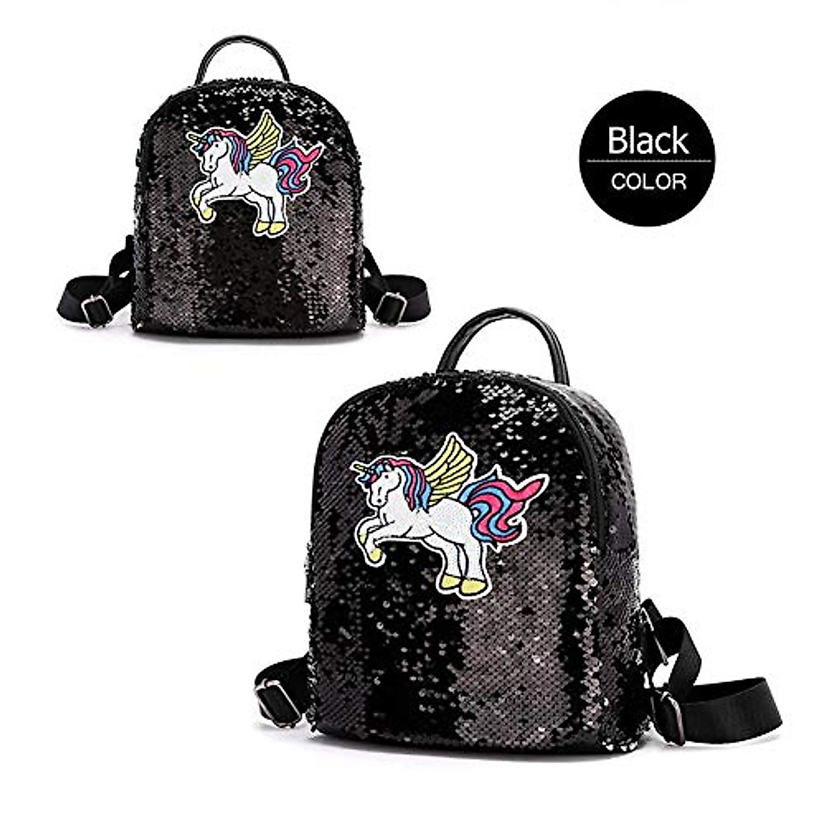 sikiwind Glitter Sequins Backpack Girls Cartoon Travel Colorful Shoulder Bag (Black)