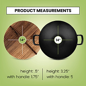 Homeries Pre-Seasoned Cast Iron Wok with 2 Handled and Wooden Lid (14 Inches) Nonstick Iron Deep Frying Pan with Flat Base for Stir-Fry, Grilling, Frying, Steaming - For Authentic Asian, Chinese Food