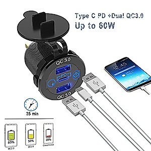 2 Packs PD Type C Car Charger Socket & Dual Quick Charge 3.0 Ports Aluminum, 60W USB C Triple 12V USB Socket Aluminum Car Charger with Touch Switch, Waterproof PD Charge for Car Boat Marine RV