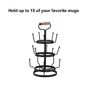 Jemeni Coffee Mug Cup Tree Rack Holder Stand for Counter with Wooden Handle, 15-Hook, Black…