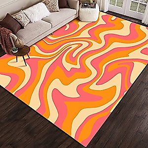 PeeNoke 1970 Wavy Swirl Seamless Orange Pink Colors Hand Drawn Seventies Style Area Rug Outdoor Patio Rug Play Mat Floor Mat Modern Carpet Non-Slip Home Decor Living Room Bedroom Nursery, 6x9 ft