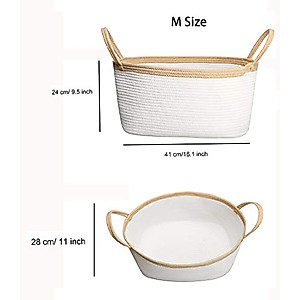 Rope Basket with Long Handles, Woven Basket, Baby Kids Room Toy Storage, Portable Hampers, Towel Storage Basket Woven Rope Basket, Nursery Hampers, Dog Toy Basket, (M Square 24 cm 28 cm 42 cm)