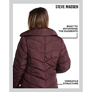 Steve Madden Women's Long Chervron Quilted Outerwear Jacket, Merlot, Medium