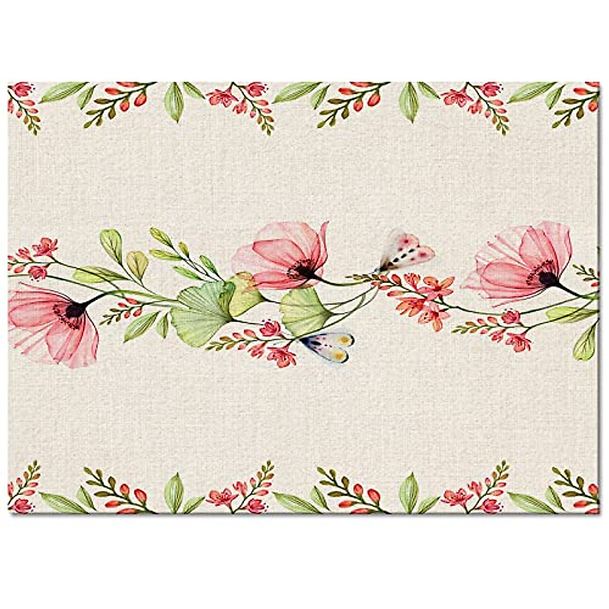 Indoor Area Rug, Red Teal Spring Floral Non Slip Carpet Pad Bathroom Mat, Rustic Summer Flowers Burlap Kitchen Runner Area Rug for Bedroom/Living Room/Kids Room 5'x7'