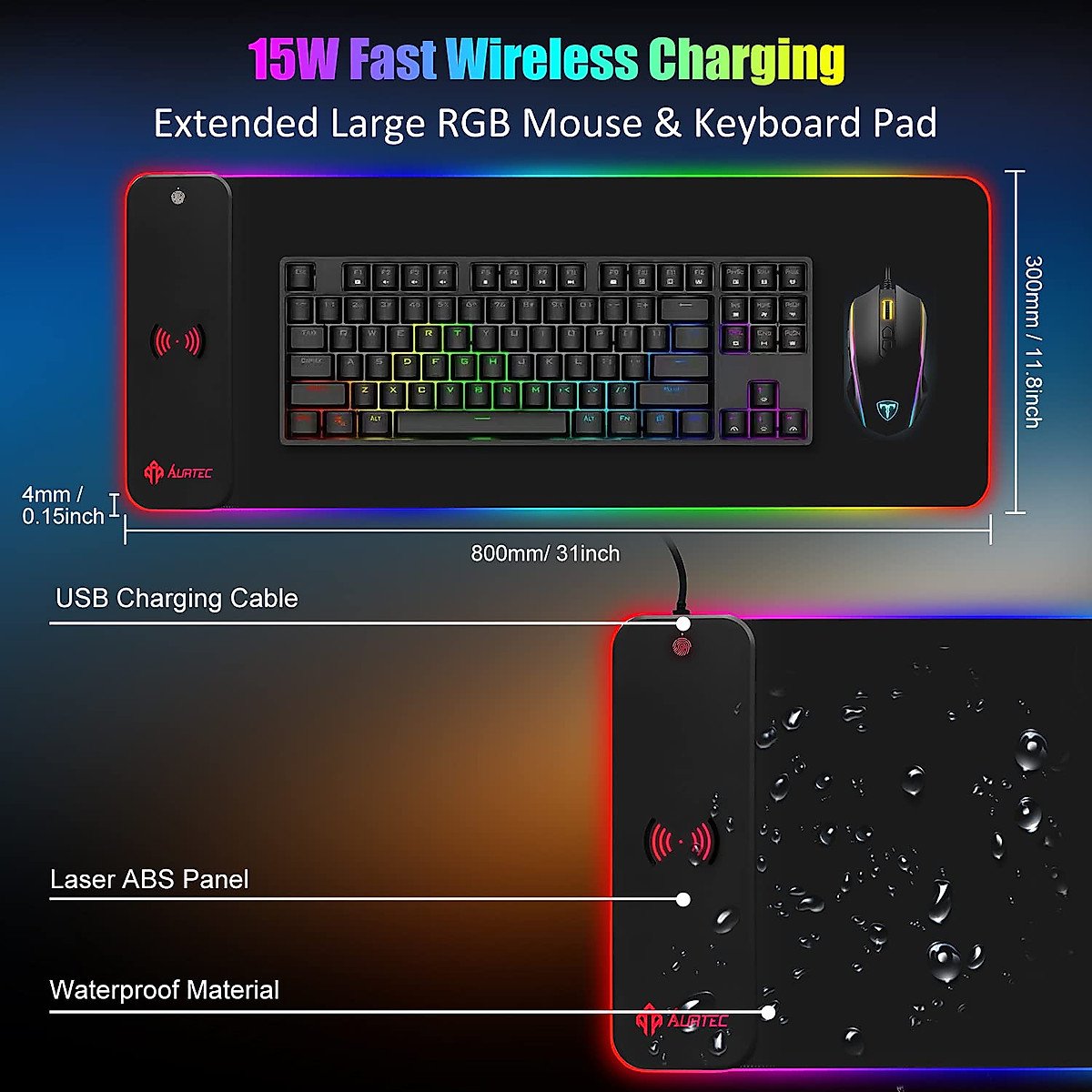 AURTEC RGB Gaming Mouse Pad with 15W Fast Wireless Charging, Extra Large Waterproof and Non-Slip Rubber Base Mouse and Keyboard Mat with 10 Lighting Modes, for Gaming, Working, PC, Mac.