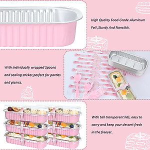 JuneHeart Mini Loaf Pans with Lids and Spoons, 100 Pack, Pink, 6.8oz, Rectangular Aluminum Foil Baking Pans