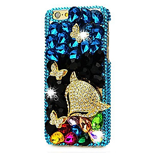 STENES iPod Touch (6th Generation) Case - Luxurious Crystal 3D Handmade Sparkle Diamond Rhinestone Clear Cover With Retro Bowknot Anti Dust Plug - Butterfly Fox Rainbow Rhinestone/Blue&Black