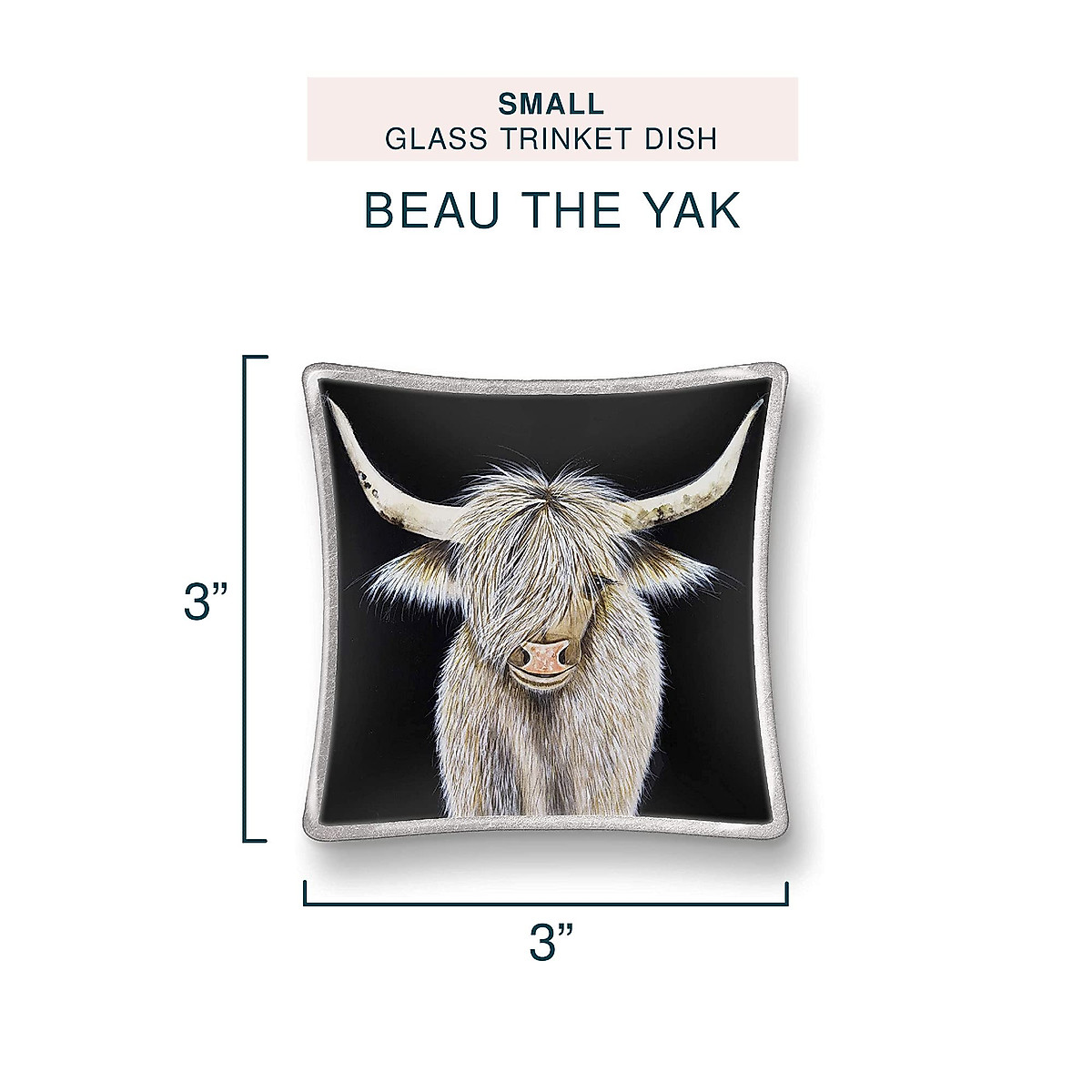 Small Glass Trinket Dish by Studio Oh! - Beau The Yak - 3" x 3" - Dish Tray with Unique Full-Color Artwork - Holds Jewelry, Change, Paperclips & Trinkets
