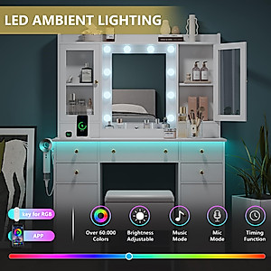 Makeup Vanity Desk with Mirror and Lights, White Vanity Table Set with Storage Drawers, Charging Station, Cabinets & Chair, Large Dressing Table with RGB Ambient Light for Women Girls Bedroom Bathroom