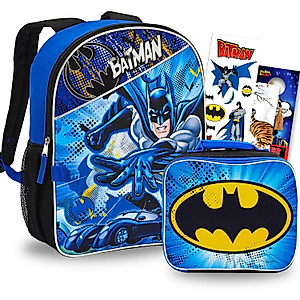 DC Comics Batman Backpack with Lunch Bag Set for Boys Kids ~ Deluxe 16" Batman Backpack with Insulated Lunch Box. Stickers, and More (Batman School Supplies Bundle)