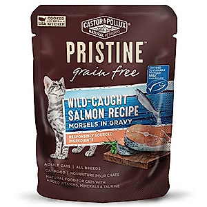 Castor & Pollux Pristine Grain Free Wild-Caught Salmon Recipe Morsels in Gravy Cat Food Pouches, (24) 3oz cans