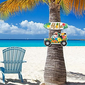 POILKMNI Hawaii Summer Door Wooden Sign Surfboard Aloha Signs Hanger Tropical Welcome Hanging for Front Porch Bedroom Living Room Kitchen Home Wall Decor Green/Yellow/White